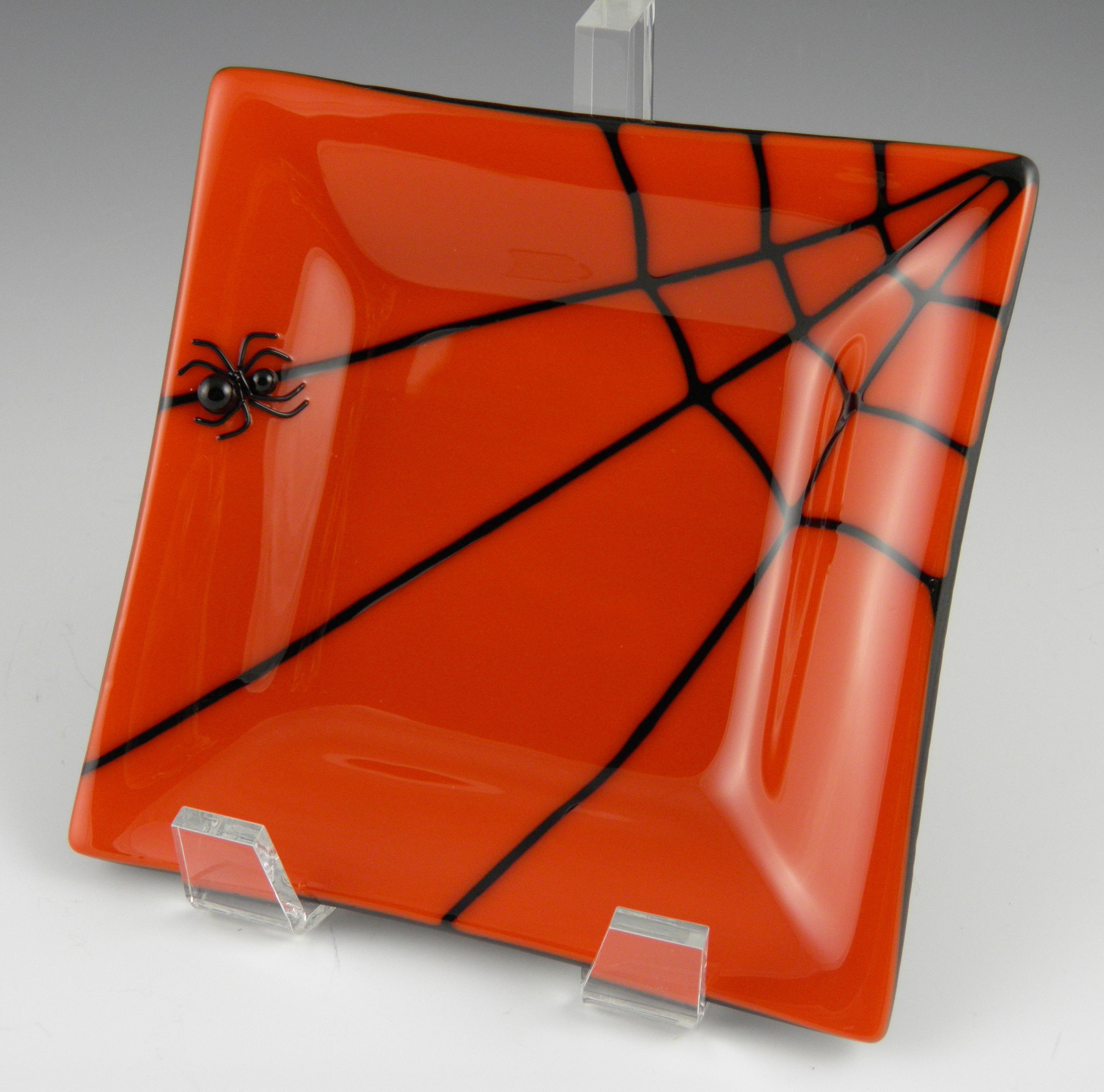 Fused Glass Spider Web Dish, Square Orange and Black Handmade Halloween ...