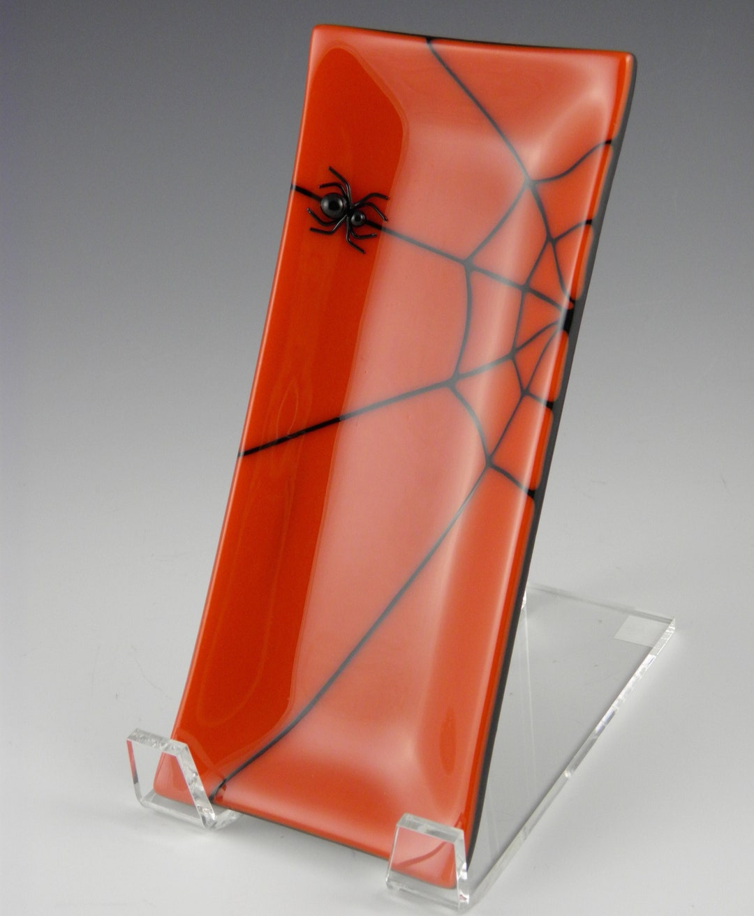 Fused Glass Spider Web Dish, Rectangular Orange and Black Handmade ...