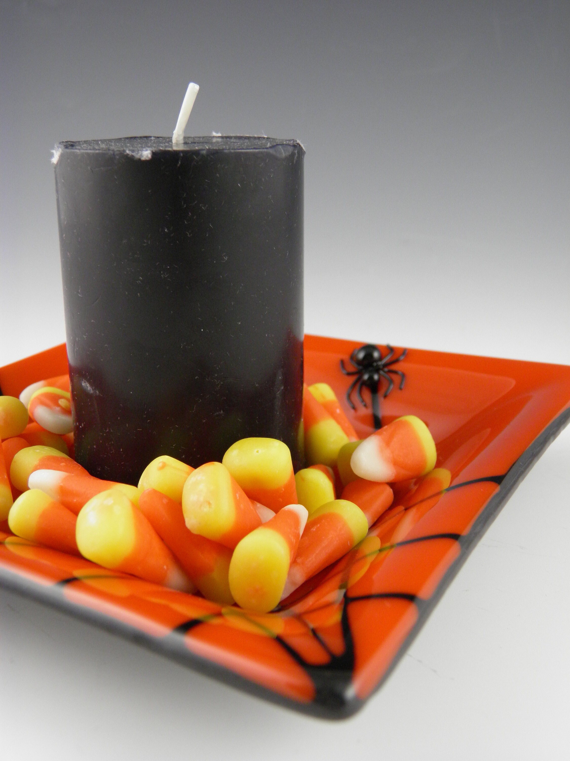 Fused Glass Spider Web Dish, Square Orange and Black Handmade Halloween ...