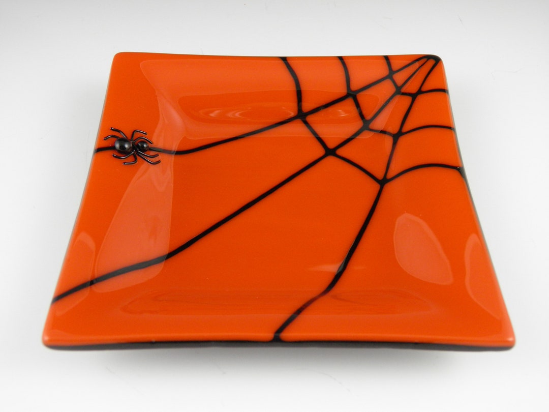 Fused Glass Spider Web Dish, Square Orange and Black Handmade Halloween ...