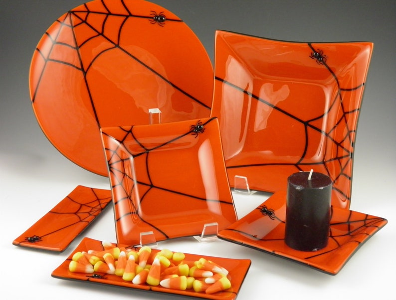 Fused Glass Spider Web Dish, Square Orange and Black Handmade Halloween ...