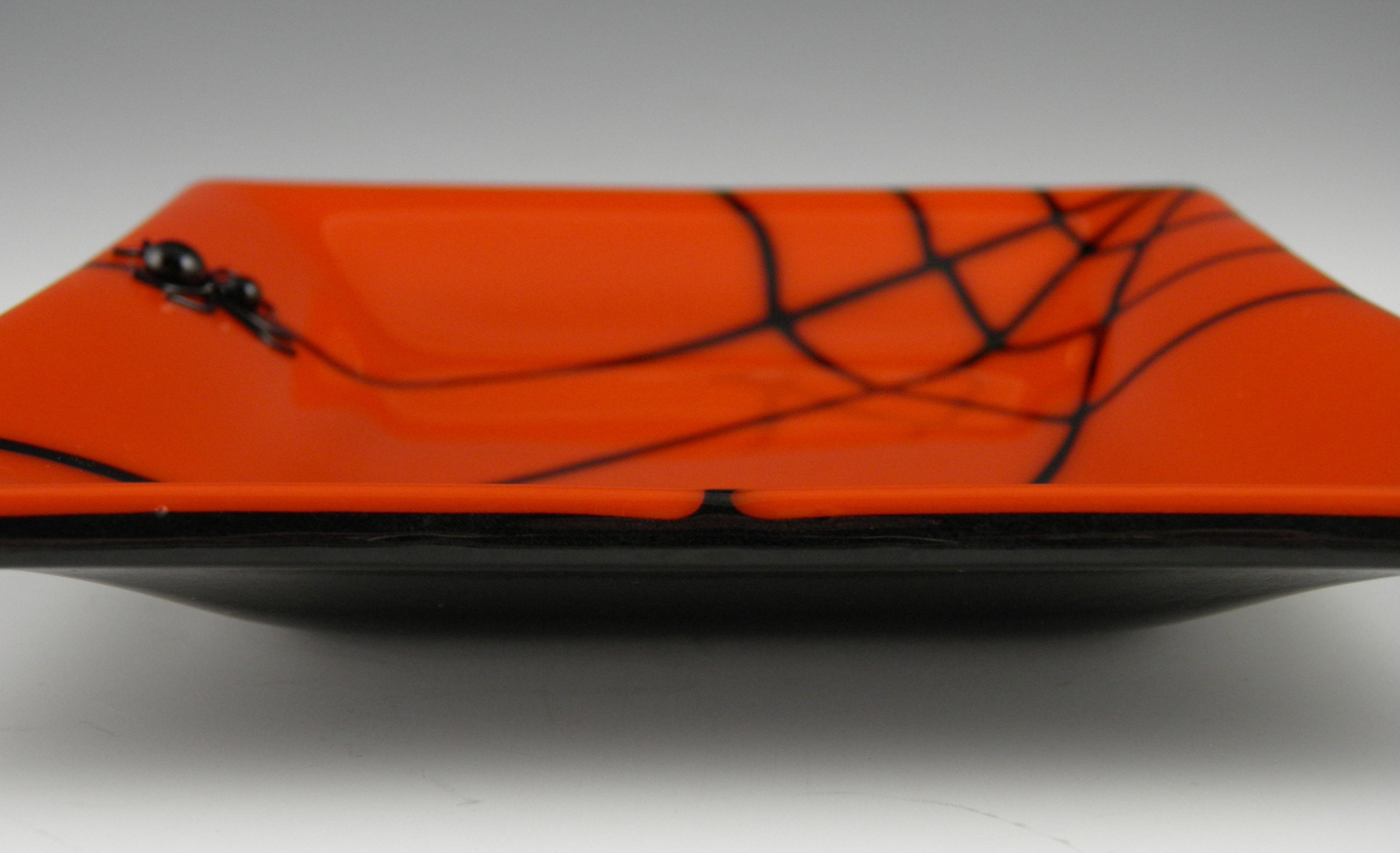 Fused Glass Spider Web Dish, Square Orange and Black Handmade Halloween ...