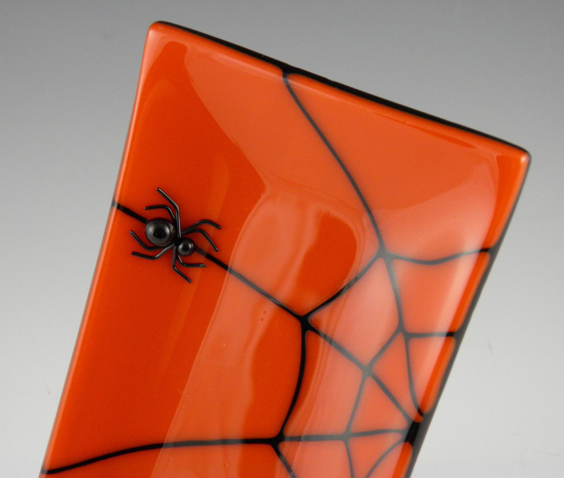 Fused Glass Spider Web Dish, Rectangular Orange and Black Handmade ...