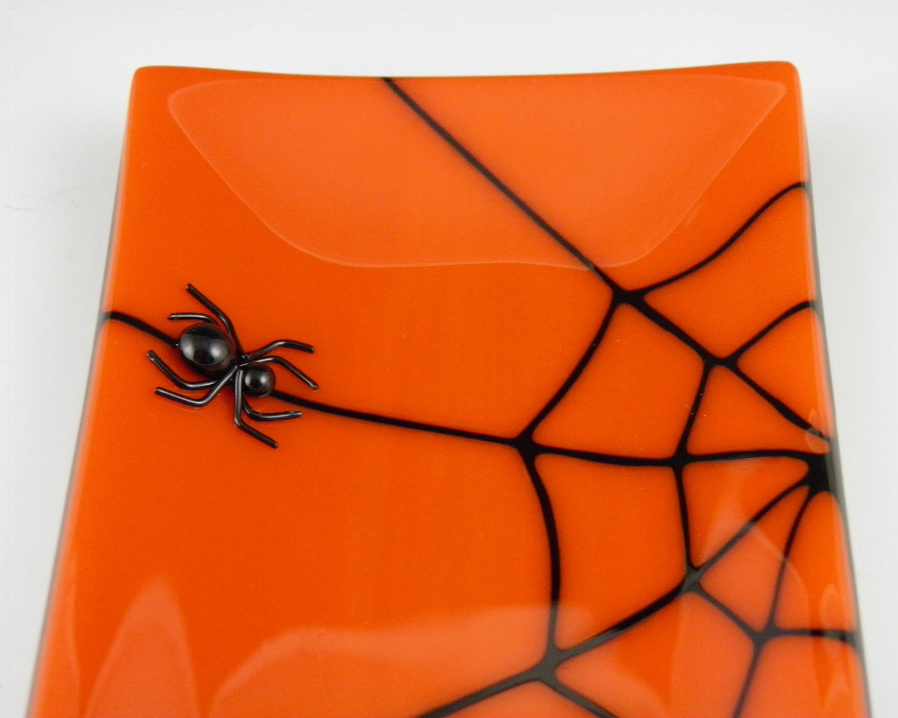 Fused Glass Spider Web Dish, Rectangular Orange and Black Handmade ...