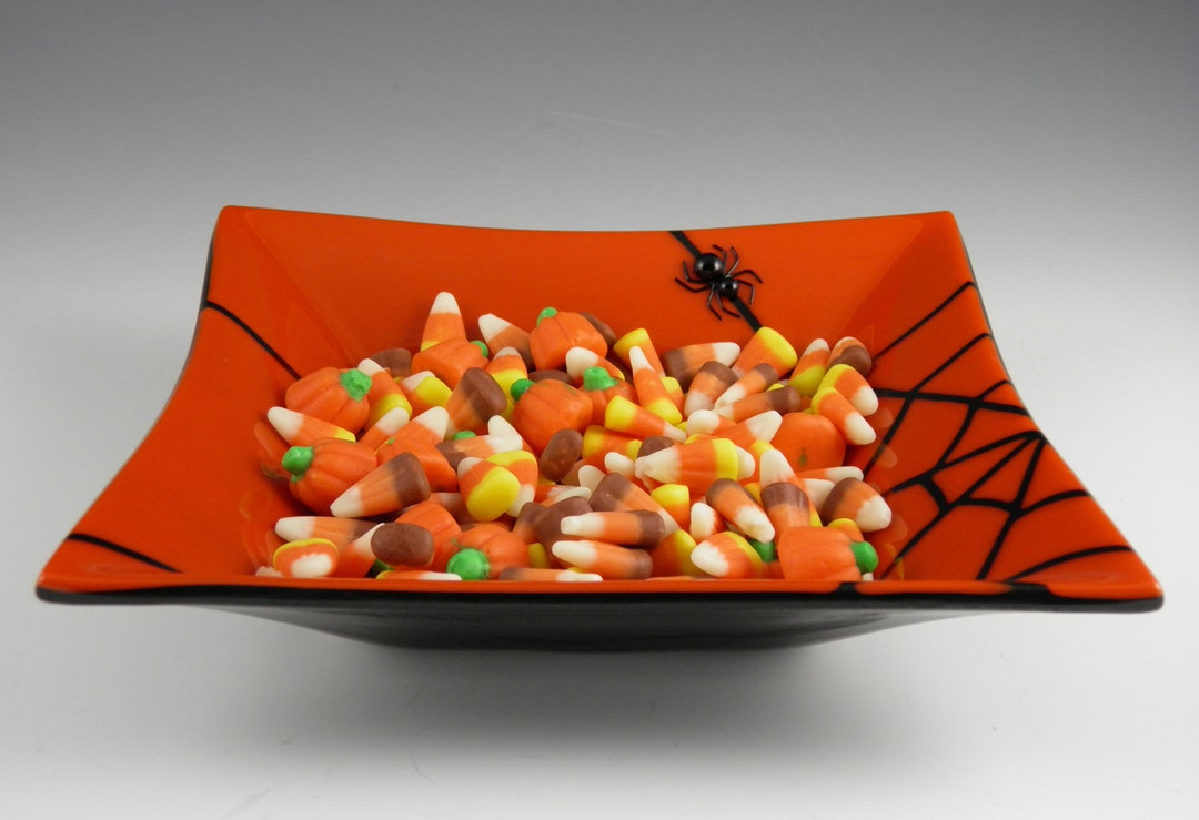 Fused Glass Spider Web Bowl, Square Orange and Black Handmade Halloween ...