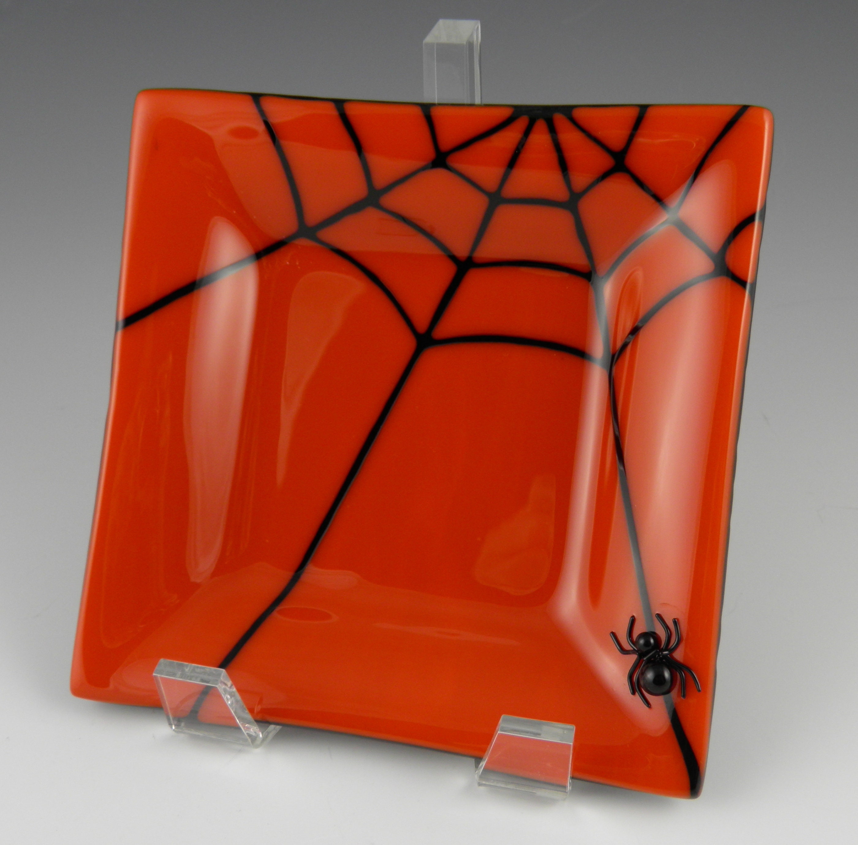 Fused Glass Spider Web Dish, Square Orange and Black Handmade Halloween ...