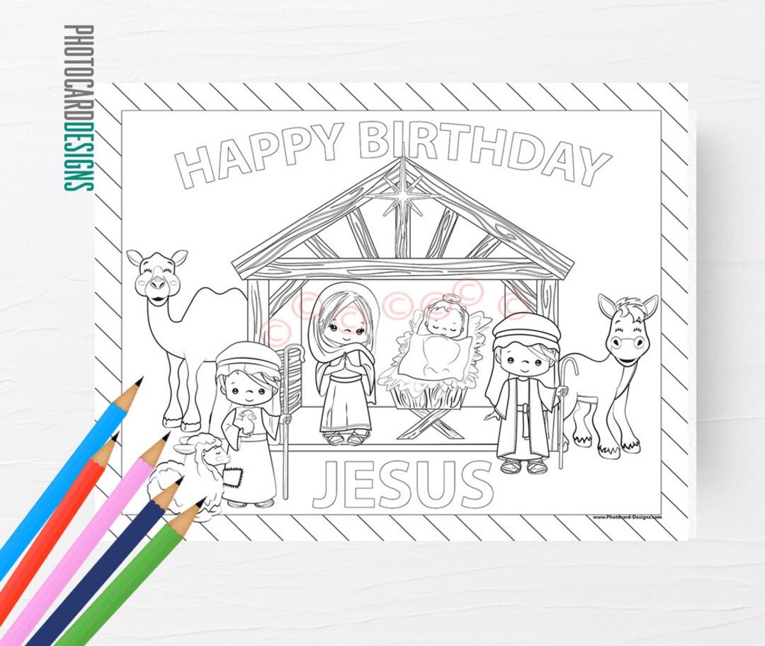 Christmas Nativity Coloring Page Happy Birthday Jesus - Etsy