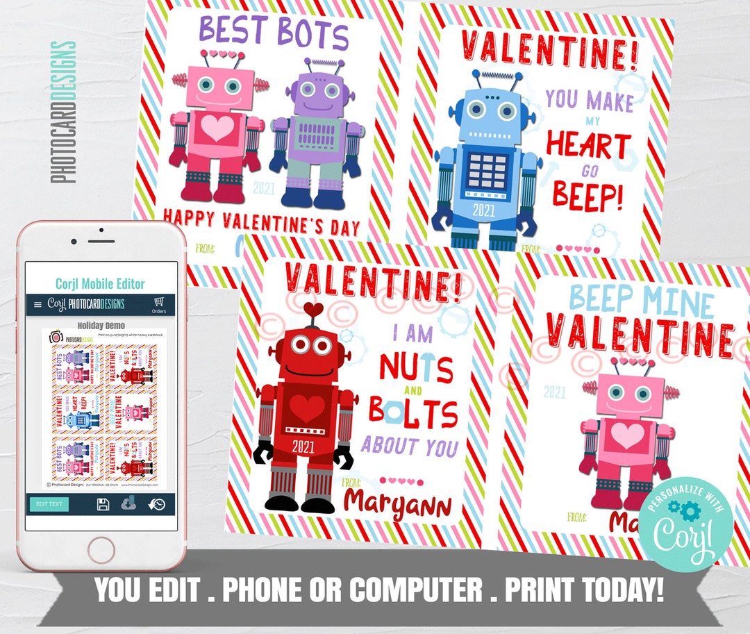 Valentines Card, ROBOT Valentine Card, Robot Tag, Robot Valentines ...