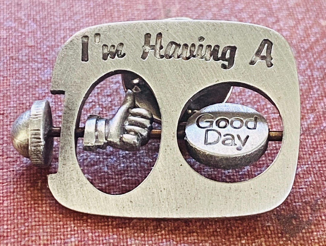 Pewter Designer Good Day Bad Day Brooch JJ Pin Retro 80s 90s Small Gift ...