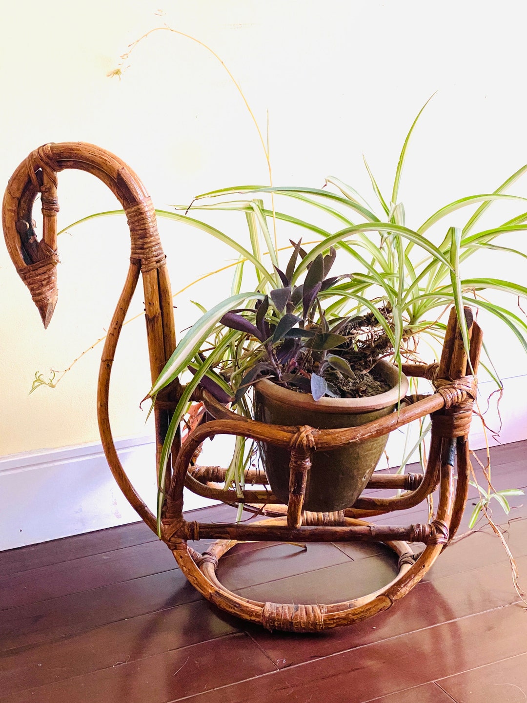 Swan Plant Stand Wicker Rattan Bamboo Bohemian Decor Boho Decor Retro ...