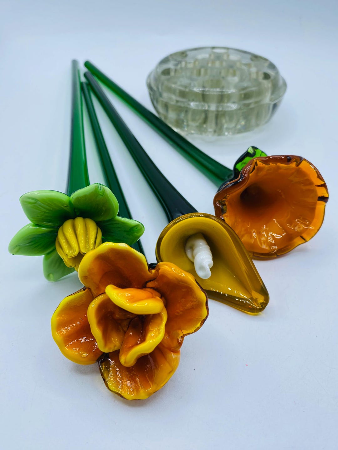 4 Art Glass Long Stemmed Flower Bouquet With Thick Glass Flower Frog ...