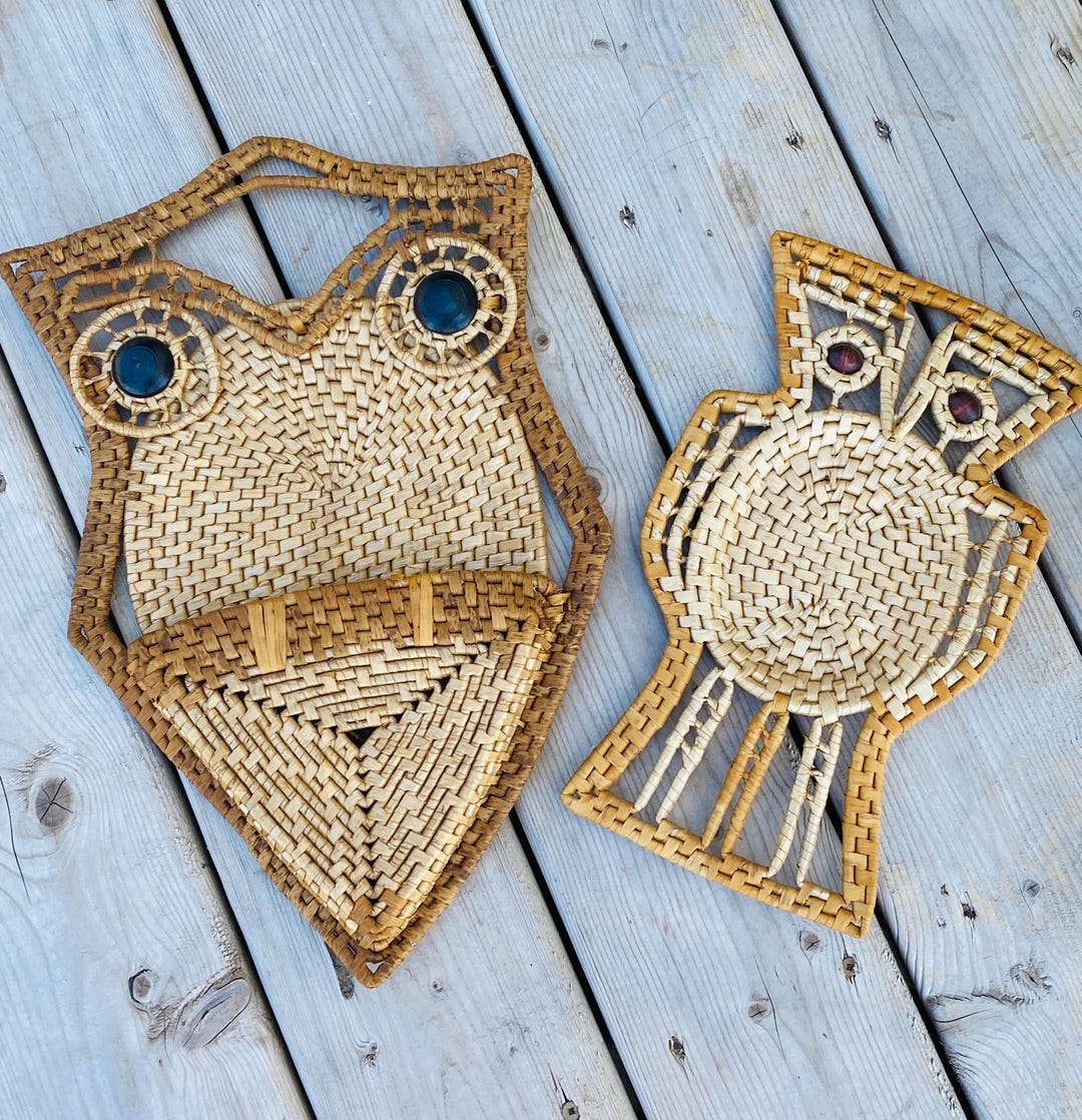 Owl Mail Keys Organizer 2 Piece Set Wicker Raffia 2 Wicker Owls Wall ...