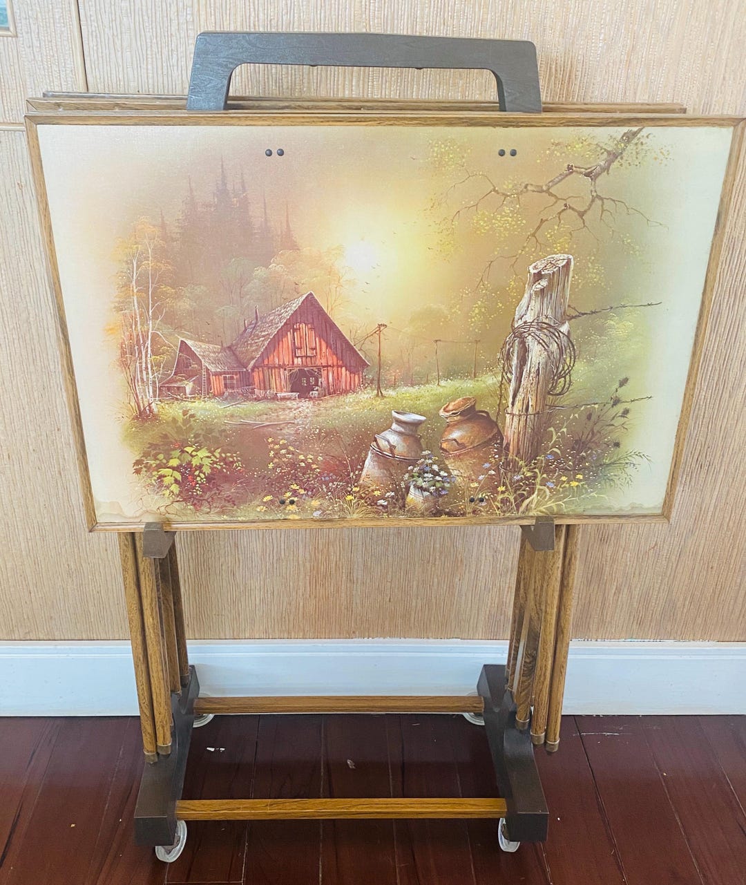 4 Country TV Tables Trays W Caddy Cart Carrier Snack Tables Rustic ...