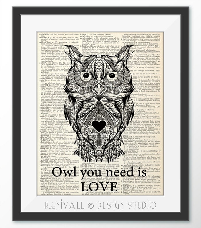 Owl You Need is Love Quote Art Print Dictionary Art Print, Wall Art ...