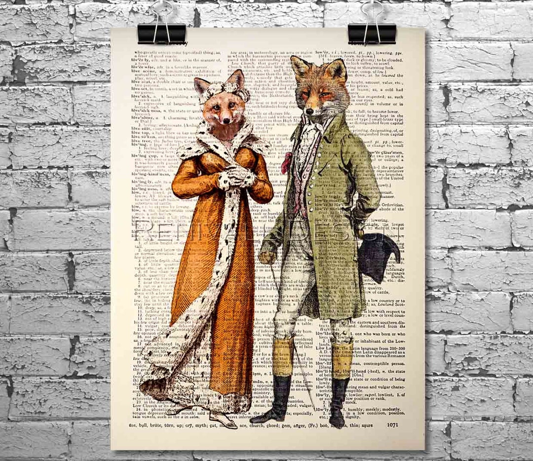 Vintage Fox Gentlemen and Lady I, Art Print Dictionary, Fox Lover Gift ...