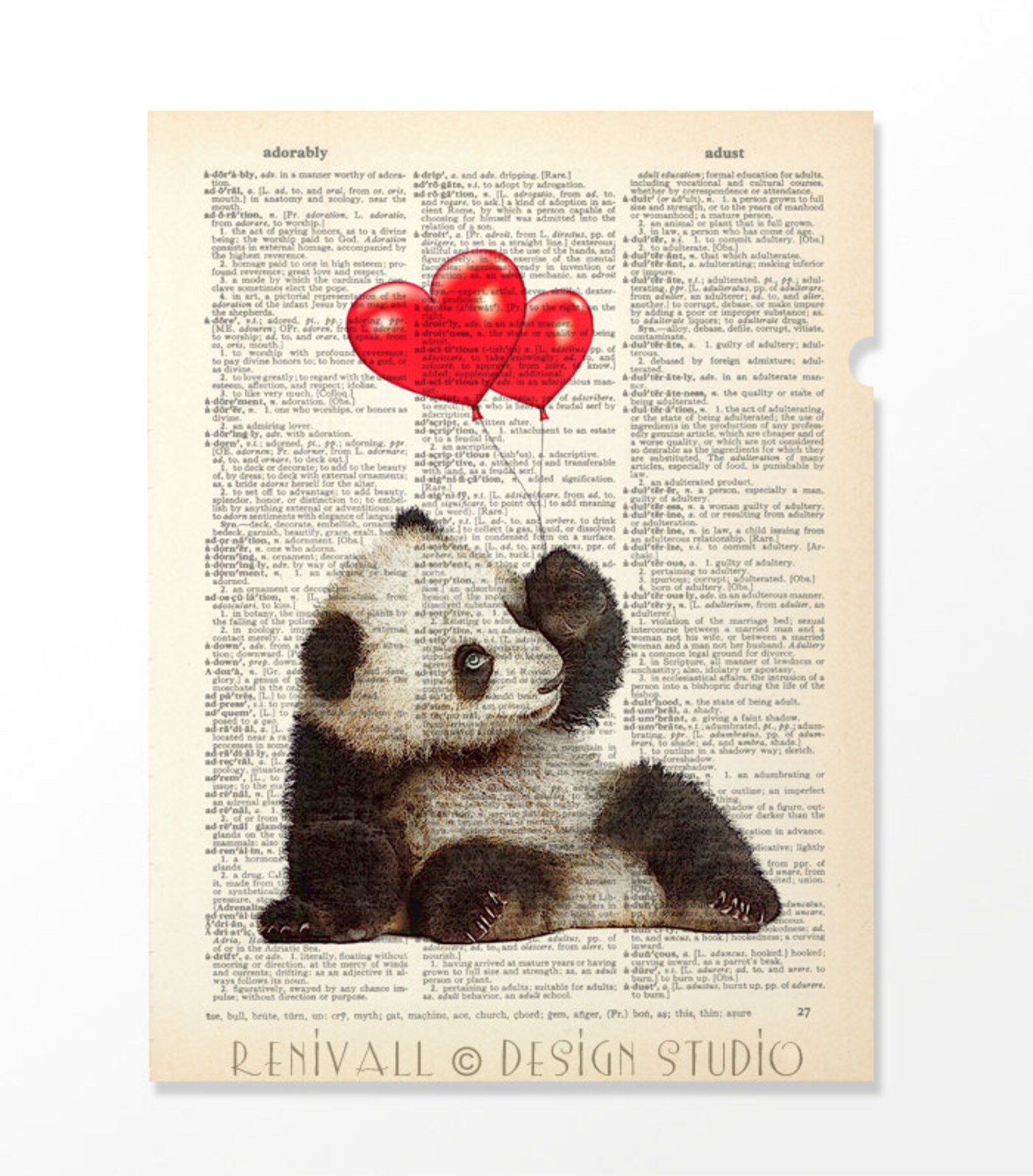 Panda Love, Dictionary Art Print, Dictionary Paper, Panda Drawing ...