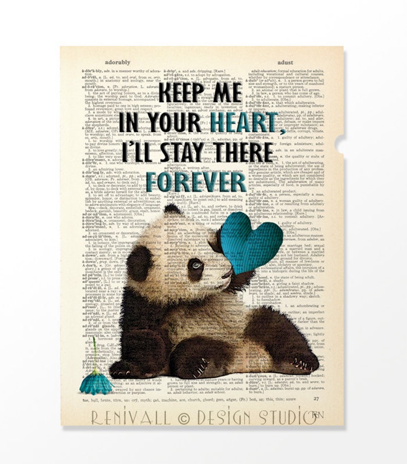 Panda Blue Love, Dictionary Art Print, Dictionary Paper, Panda Drawing ...