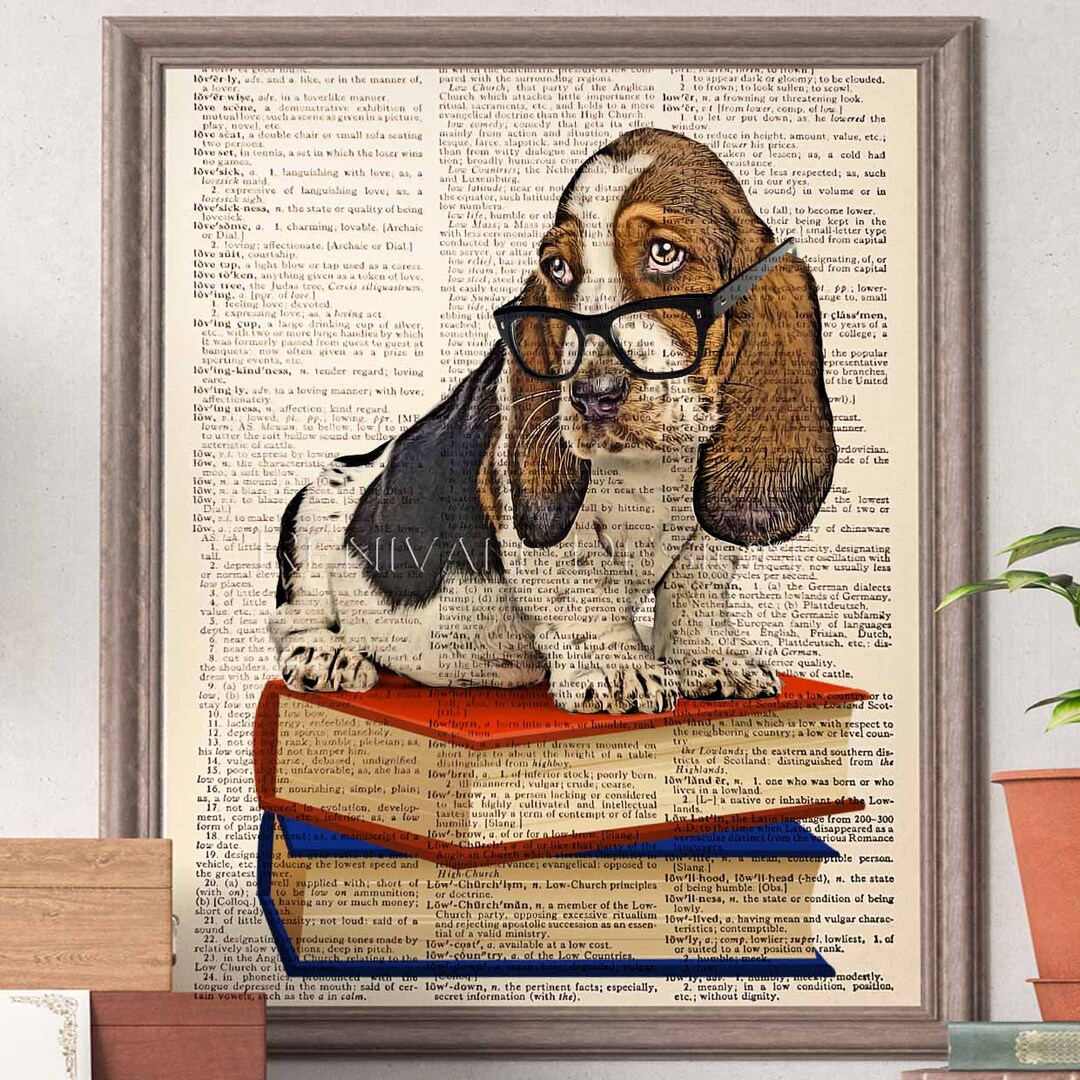 Basset Hound Dog With Books, Dictionary Art Print, Gift Ideas for Book ...