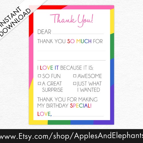 Printable Kids Fill in the Blank Thank You Card Rainbow - Etsy