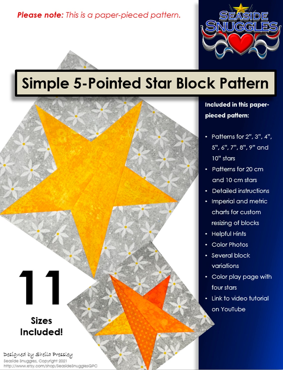 Pattern: Simple 5-pointed Star Block 11 Sizes Included | Etsy