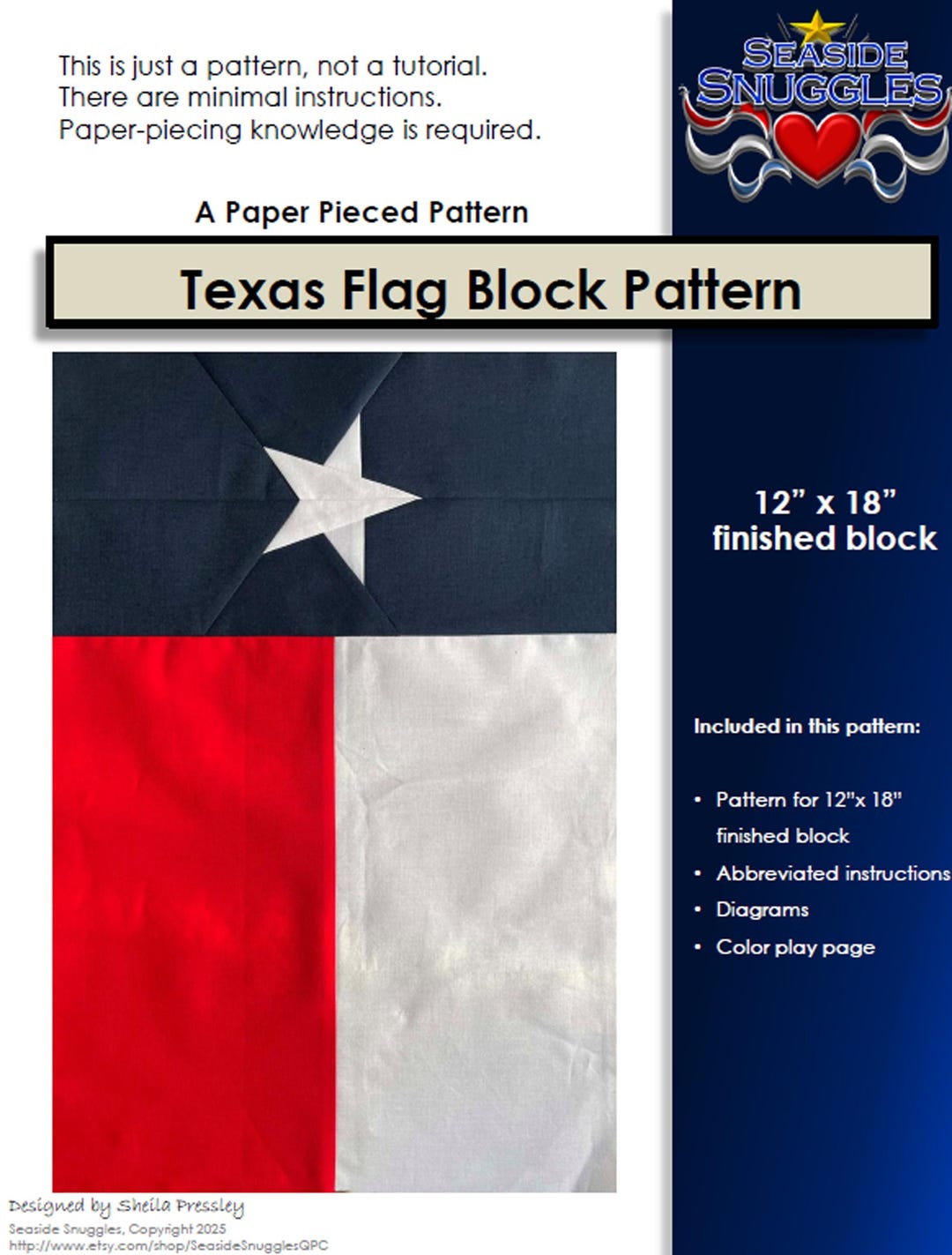 Digital Pattern - 12" X 18" Texas Flag Paper-pieced Pattern (2:3 Ratio ...