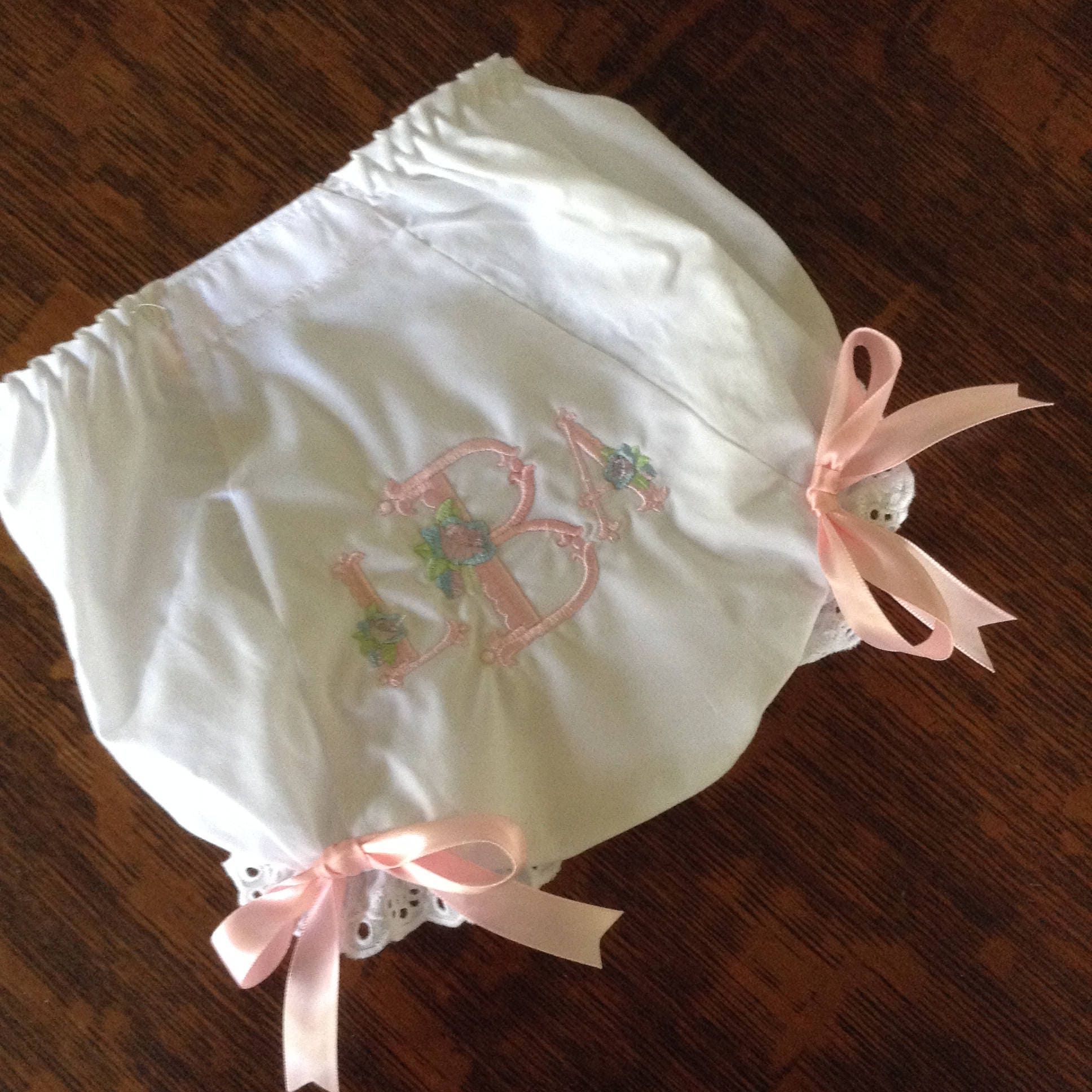 White Eyelet Diaper Cover Monogrammed With a Pink Scalloped Lettering ...