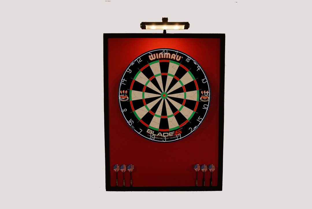 Raised Center 24 X 32 LED Lighted Red and Black Dart Board Cabinet With ...
