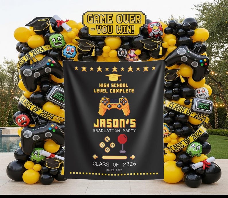Custom Gamer Graduation Photo Backdrop High School Level Complete Video ...