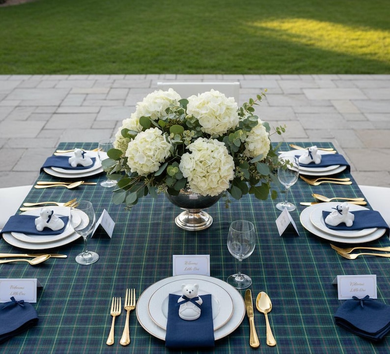 Vintage Preppy Baby Shower Tablecloths Navy & Green Tartan Plaid Table ...