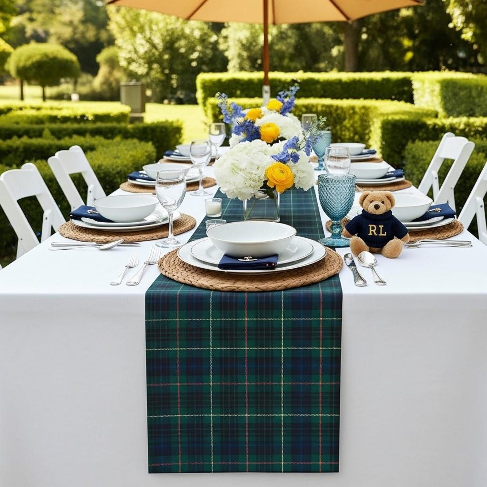 Vintage Preppy Baby Shower Table Runner Navy & Green Tartan Plaid Table ...