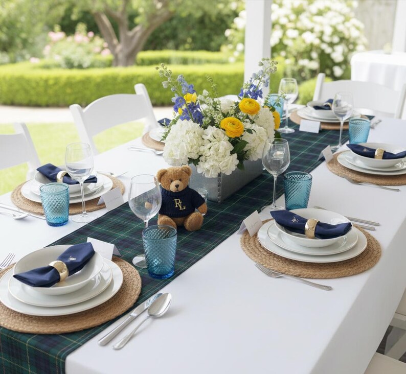 Vintage Preppy Baby Shower Table Runner Navy & Green Tartan Plaid Table ...