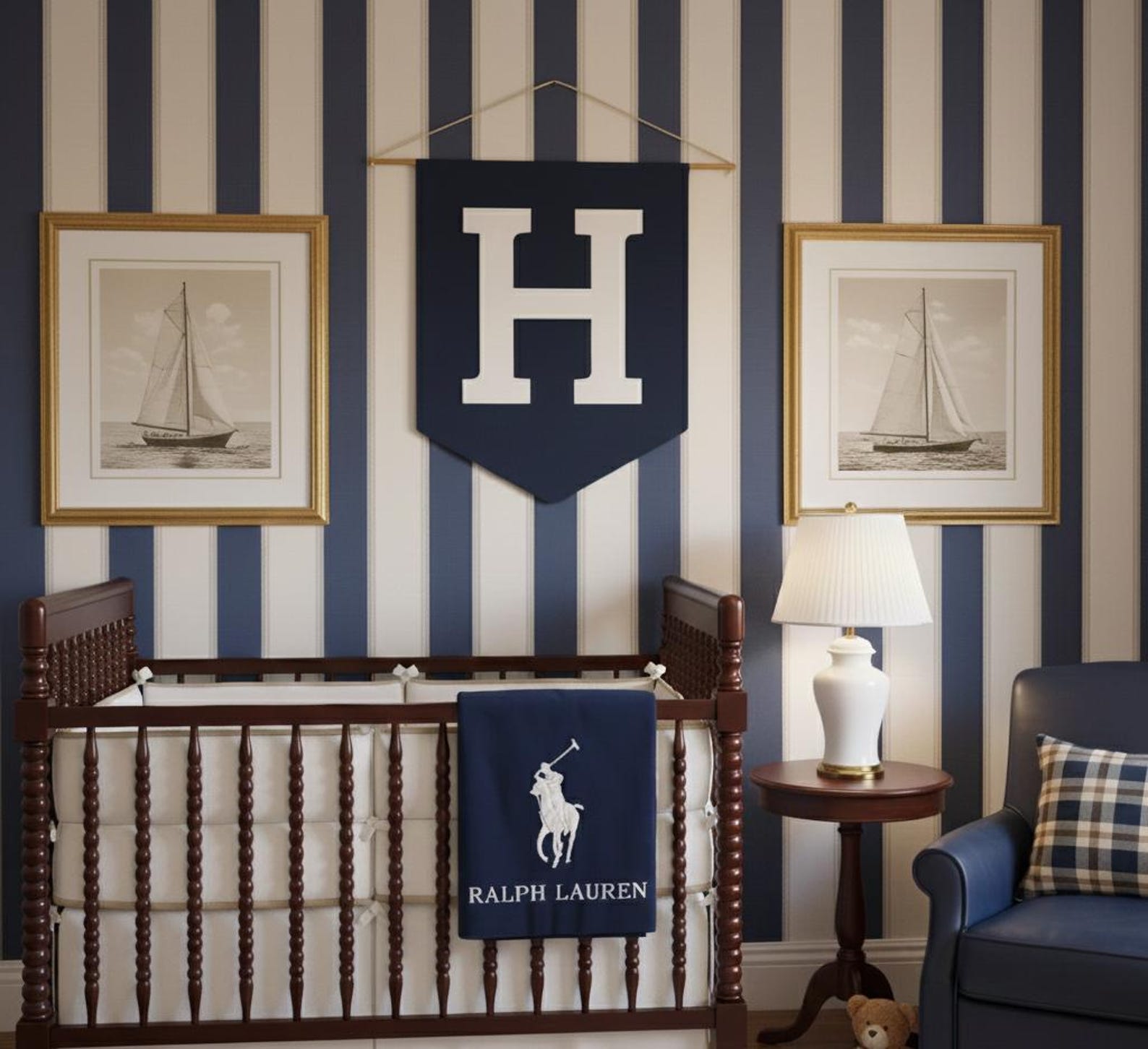 Custom Initial Pennant Vintage Preppy Name Banner Personalized Navy and ...