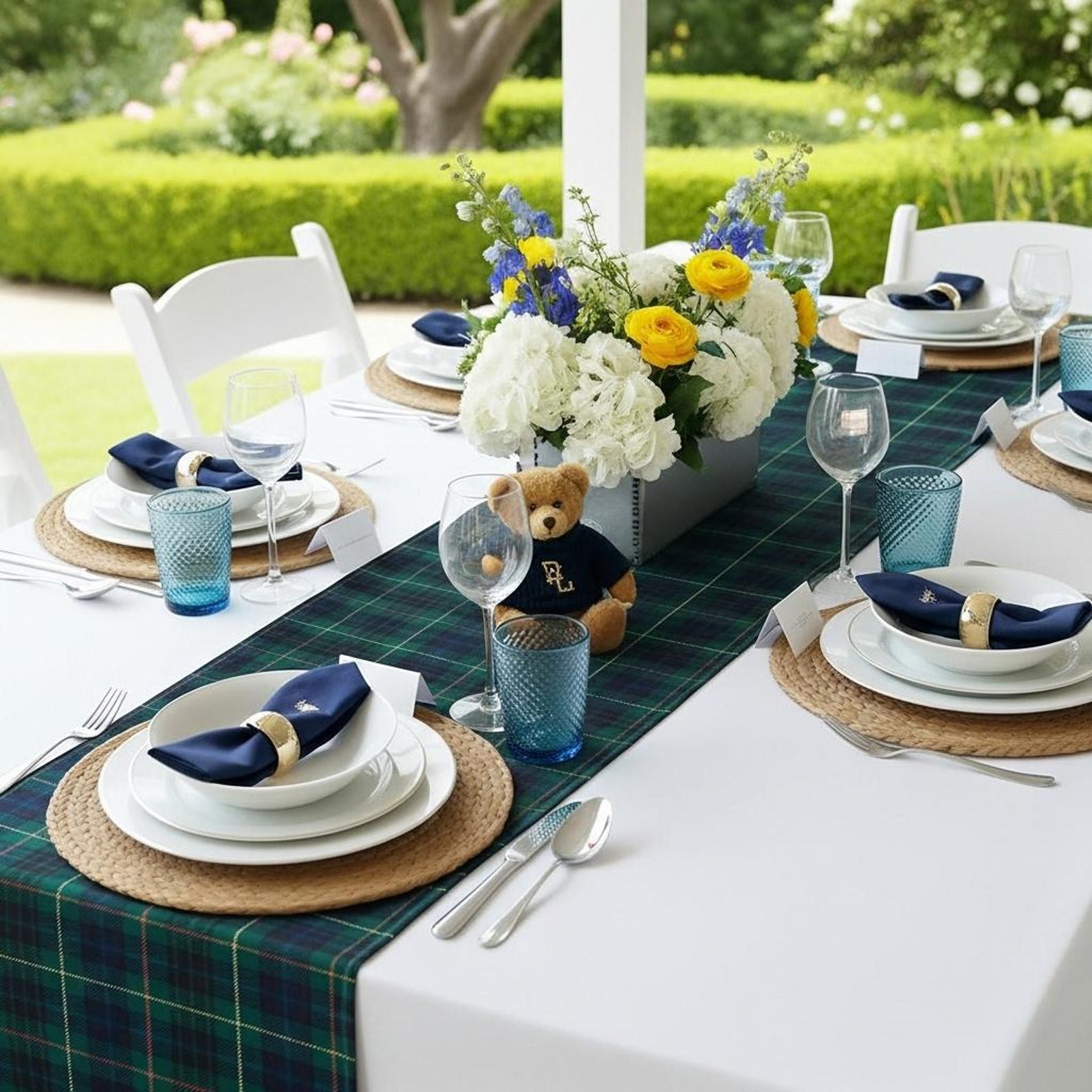 Vintage Preppy Baby Shower Table Runner Navy & Green Tartan Plaid Table ...
