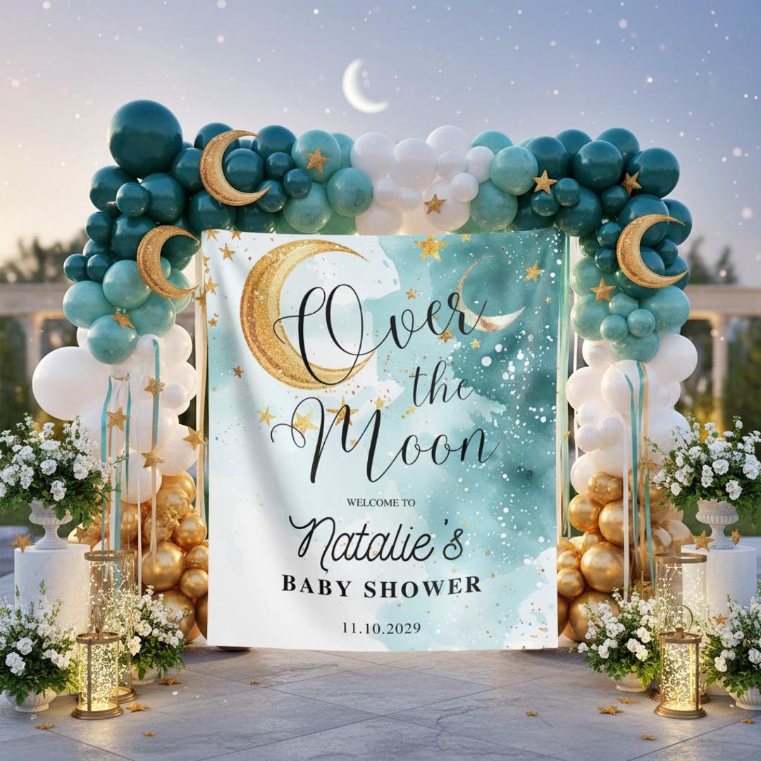 Over the Moon Baby Shower Backdrop Custom Celestial Baby Banner Moon ...