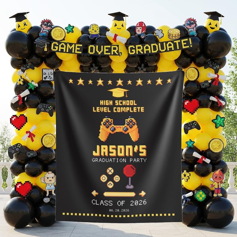 Custom Gamer Graduation Photo Backdrop High School Level Complete Video ...