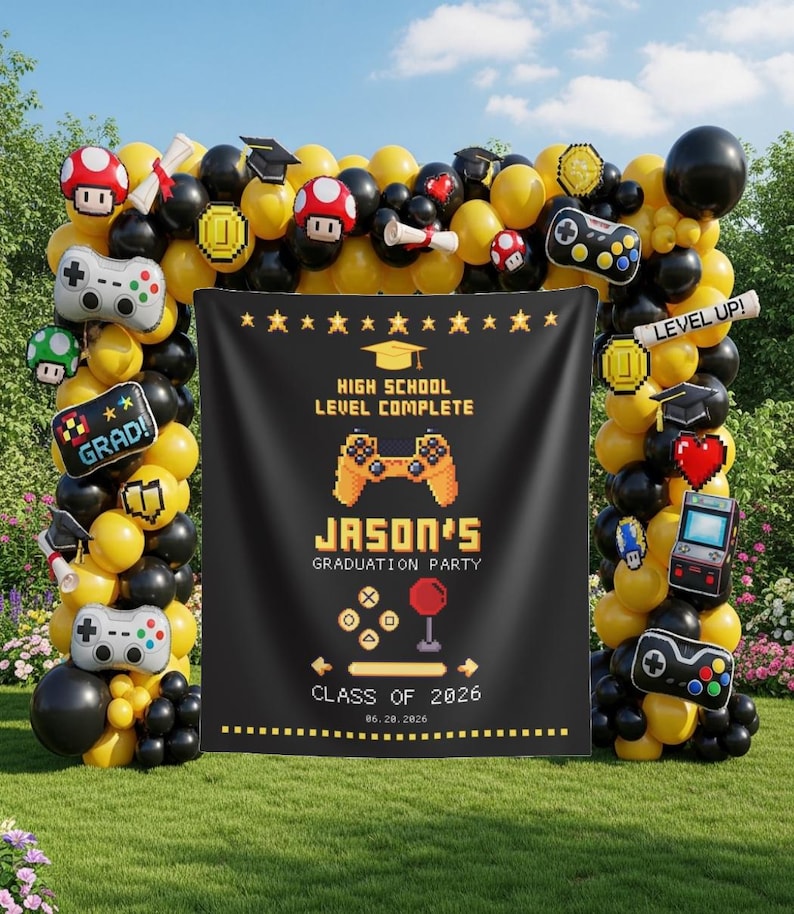 Custom Gamer Graduation Photo Backdrop High School Level Complete Video ...