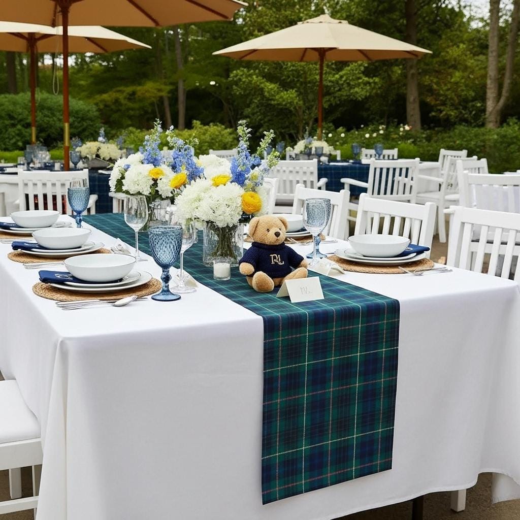 Vintage Preppy Baby Shower Table Runner Navy & Green Tartan Plaid Table ...