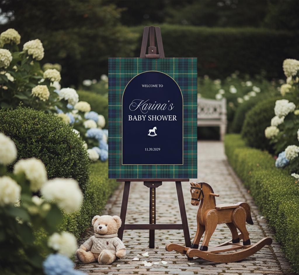 Vintage Preppy Baby Shower Welcome Sign Navy & Green Tartan Plaid Foam ...