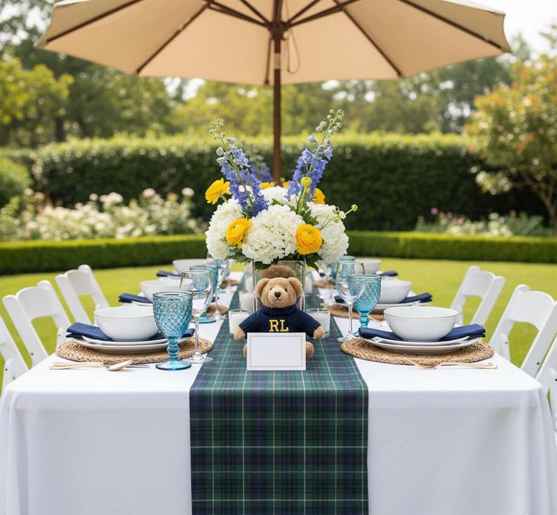 Vintage Preppy Baby Shower Table Runner Navy & Green Tartan Plaid Table ...