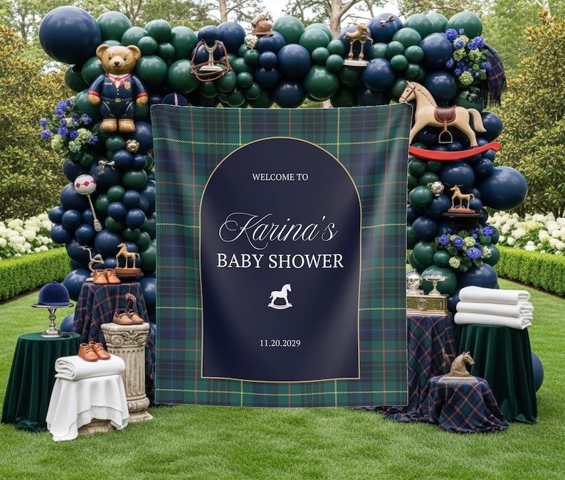 Vintage Preppy Baby Shower Backdrop Navy & Green Tartan Plaid Welcome ...