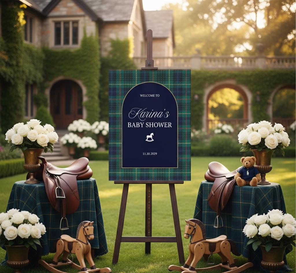 Vintage Preppy Baby Shower Welcome Sign Navy & Green Tartan Plaid Foam ...