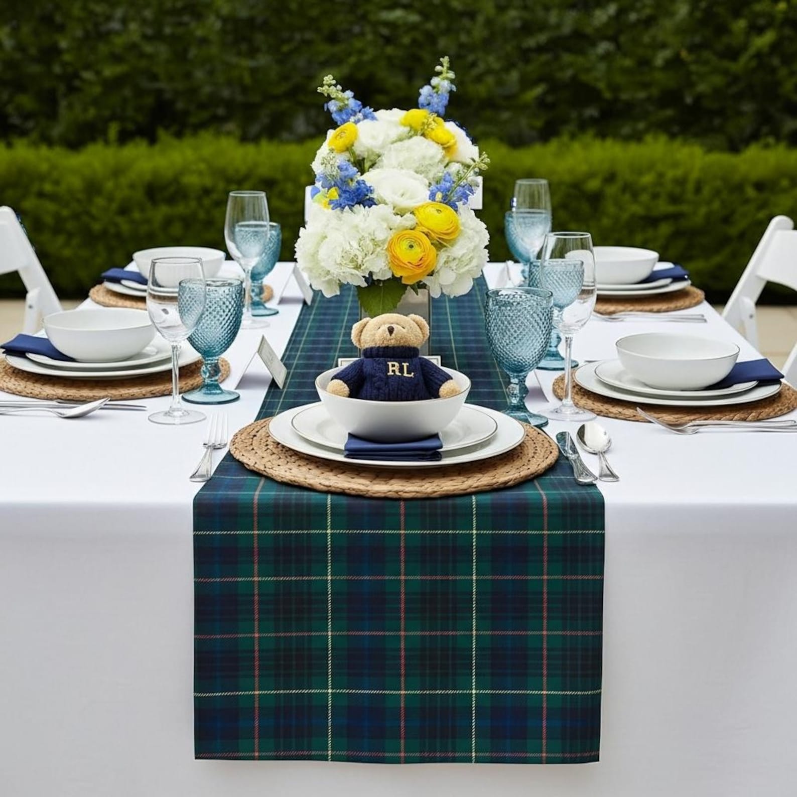 Vintage Preppy Baby Shower Table Runner Navy & Green Tartan Plaid Table ...
