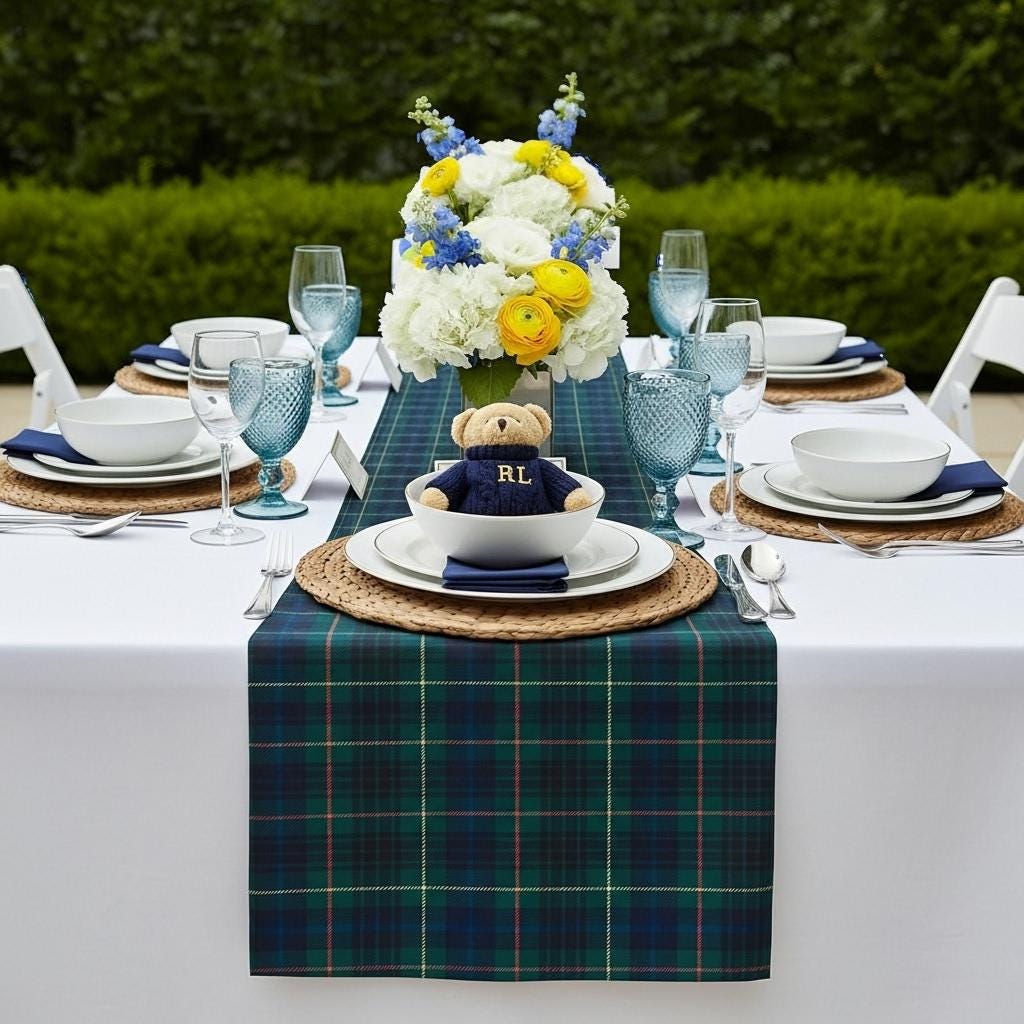 Vintage Preppy Baby Shower Table Runner Navy & Green Tartan Plaid Table ...