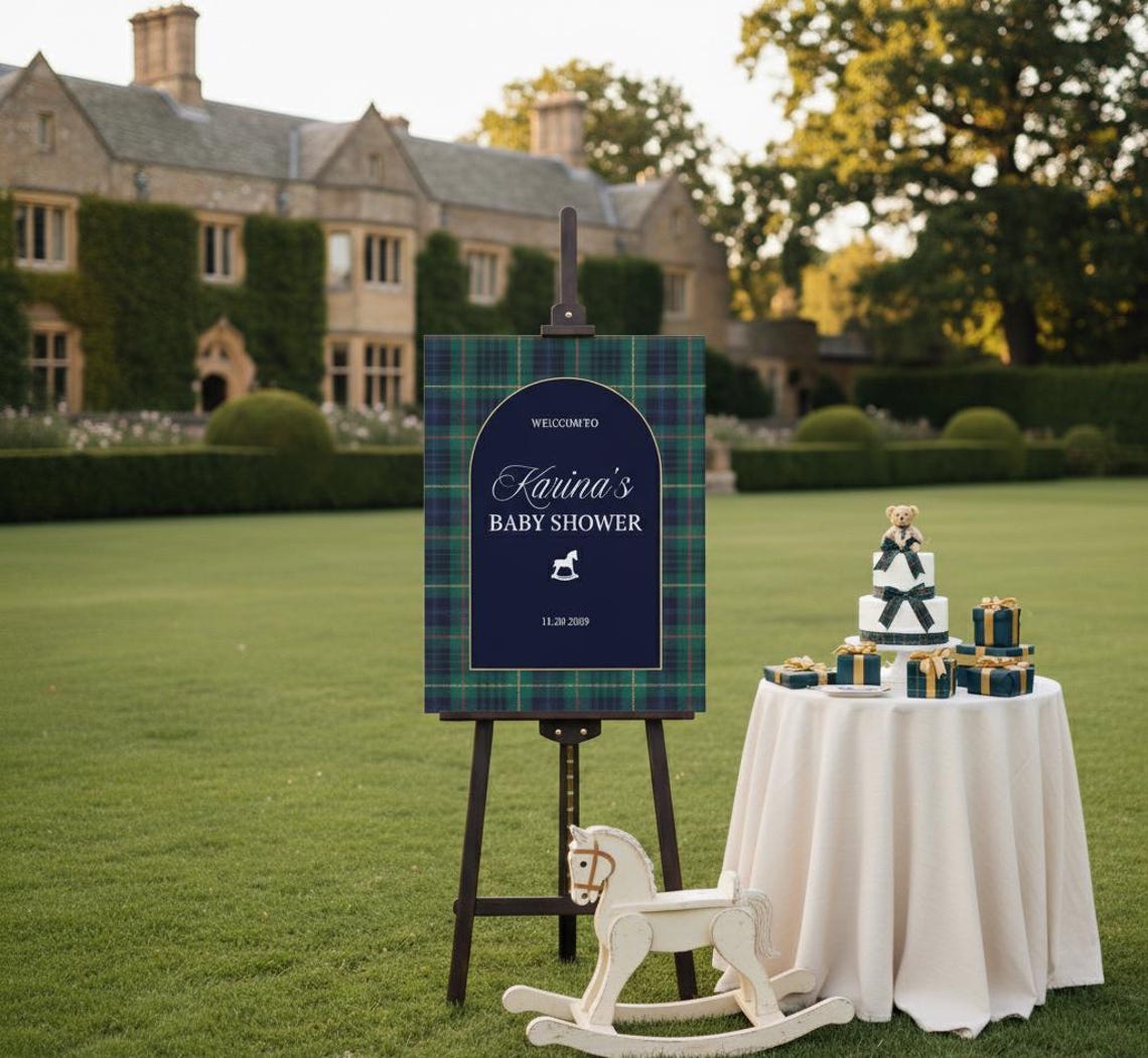 Vintage Preppy Baby Shower Welcome Sign Navy & Green Tartan Plaid Foam ...