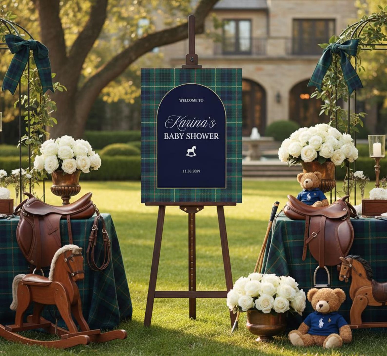 Vintage Preppy Baby Shower Welcome Sign Navy & Green Tartan Plaid Foam ...