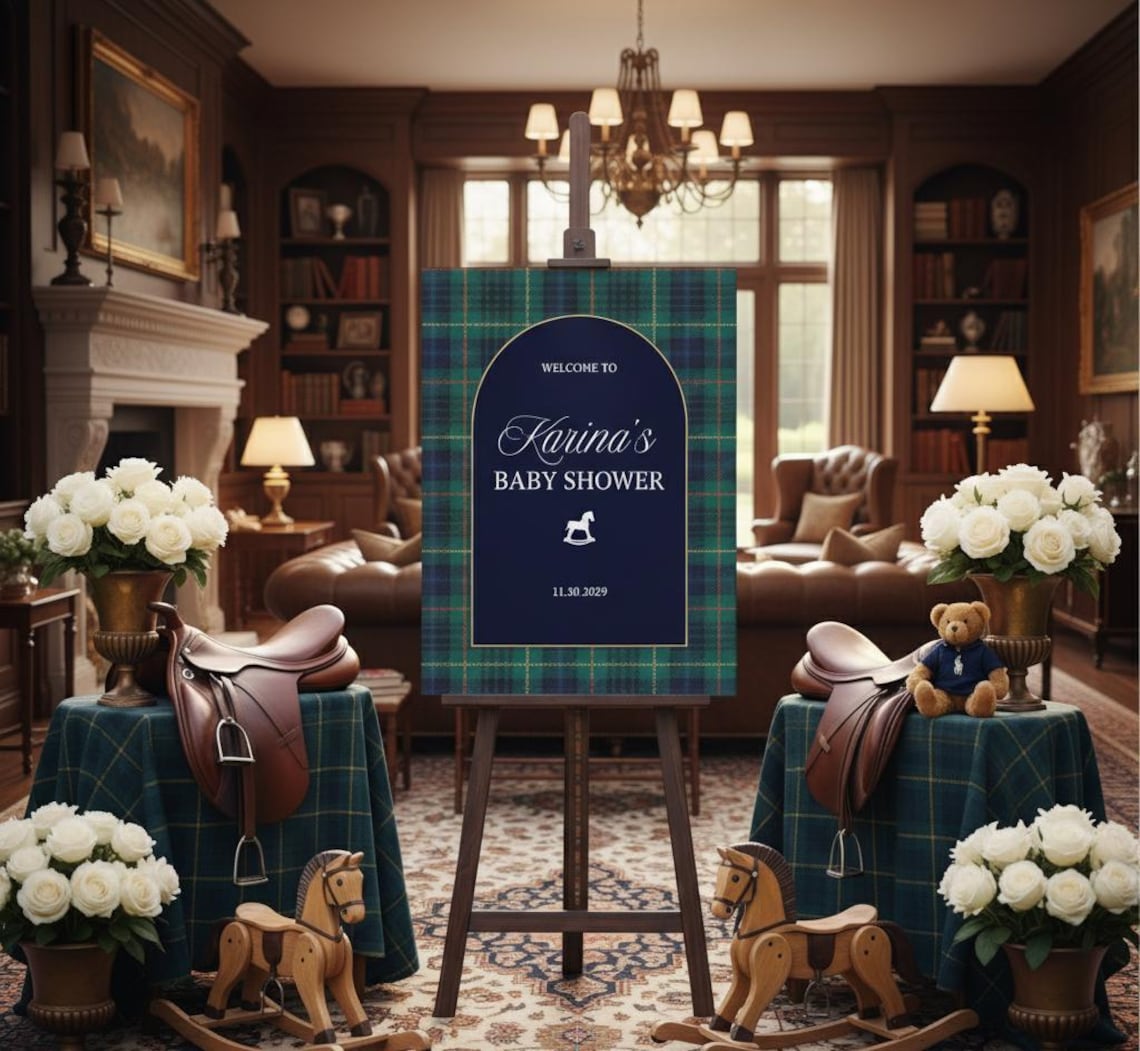 Vintage Preppy Baby Shower Welcome Sign Navy & Green Tartan Plaid Foam ...