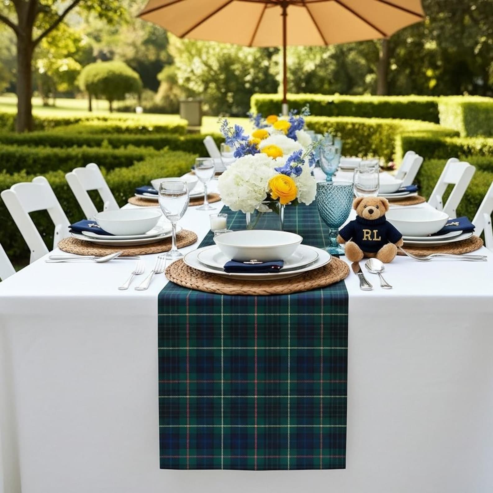 Vintage Preppy Baby Shower Table Runner Navy & Green Tartan Plaid Table ...