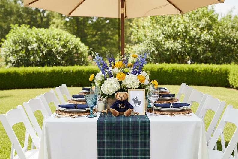Vintage Preppy Baby Shower Table Runner Navy & Green Tartan Plaid Table ...