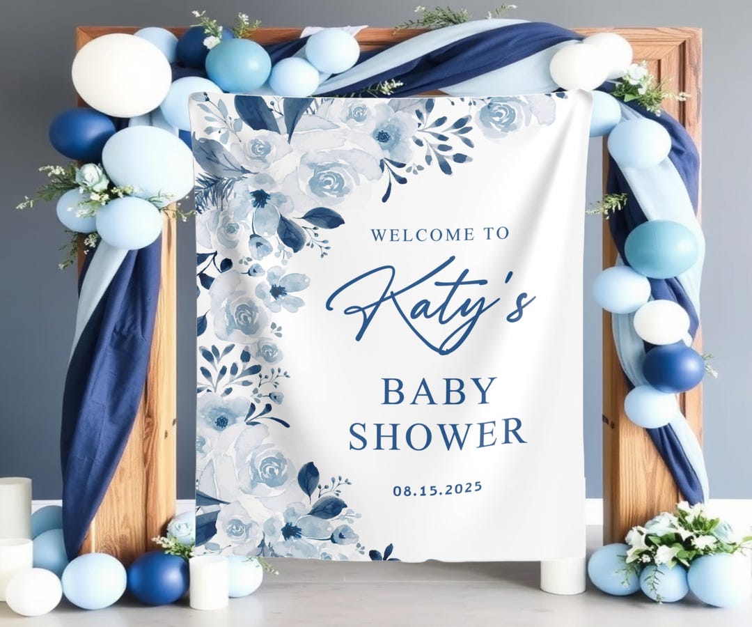Blue Floral Baby Shower Photo Backdrop Blue Flowers Baby Shower Banner ...