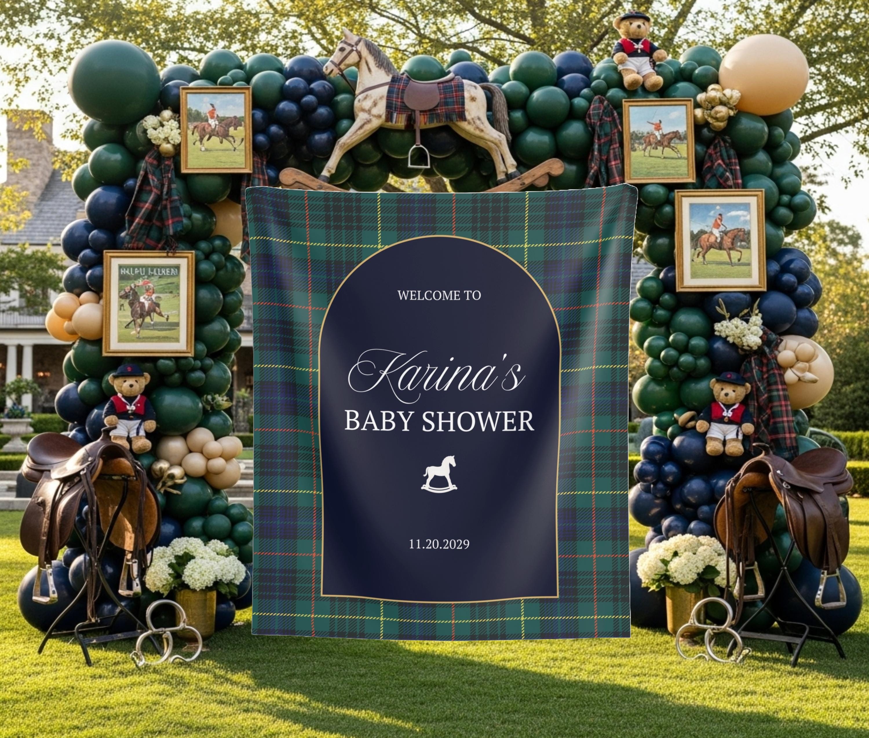 Vintage Preppy Baby Shower Backdrop Navy & Green Tartan Plaid Welcome ...